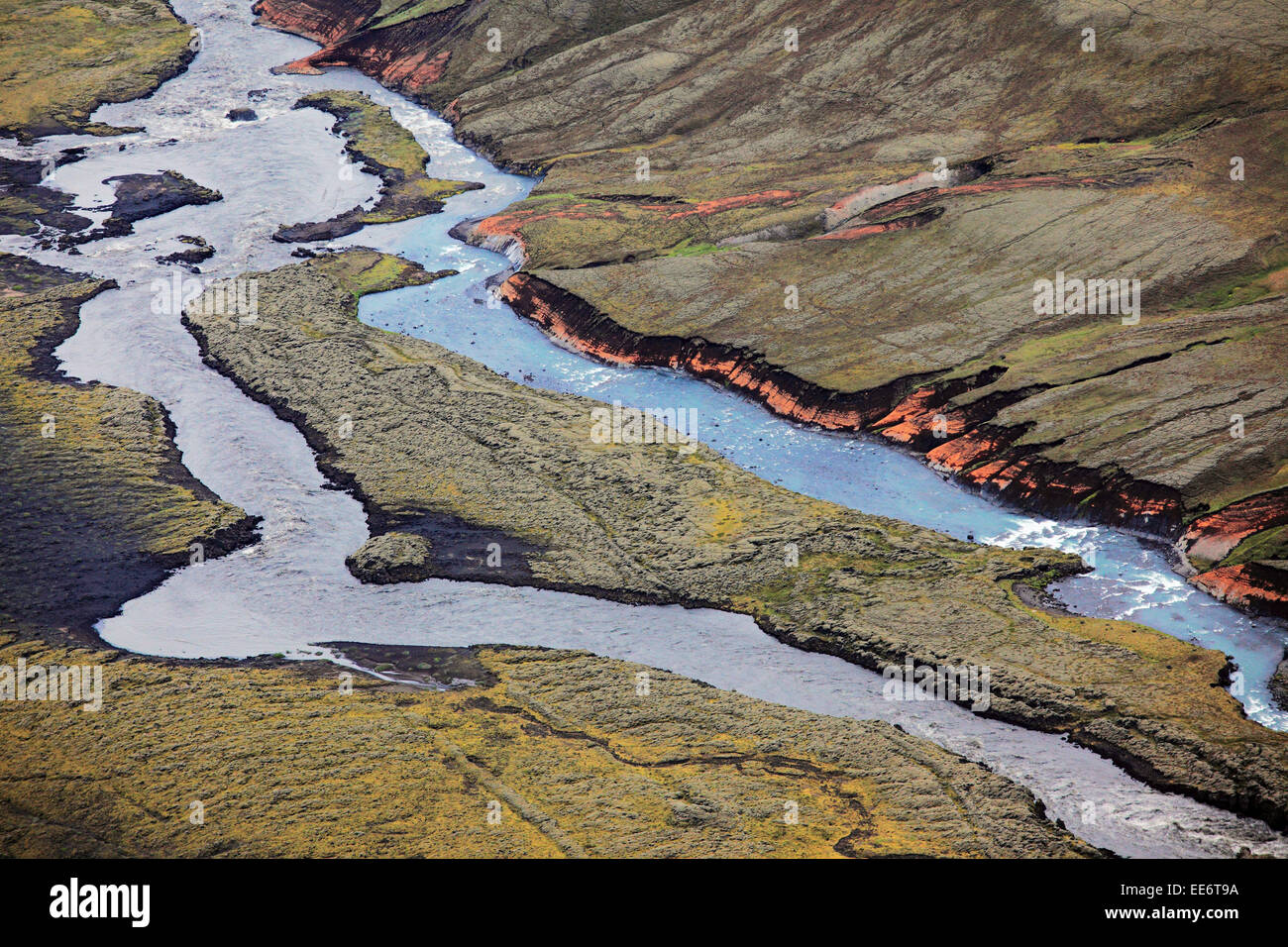 Aerial view of meandering river, Landmannalaugar, Iceland Stock Photo ...