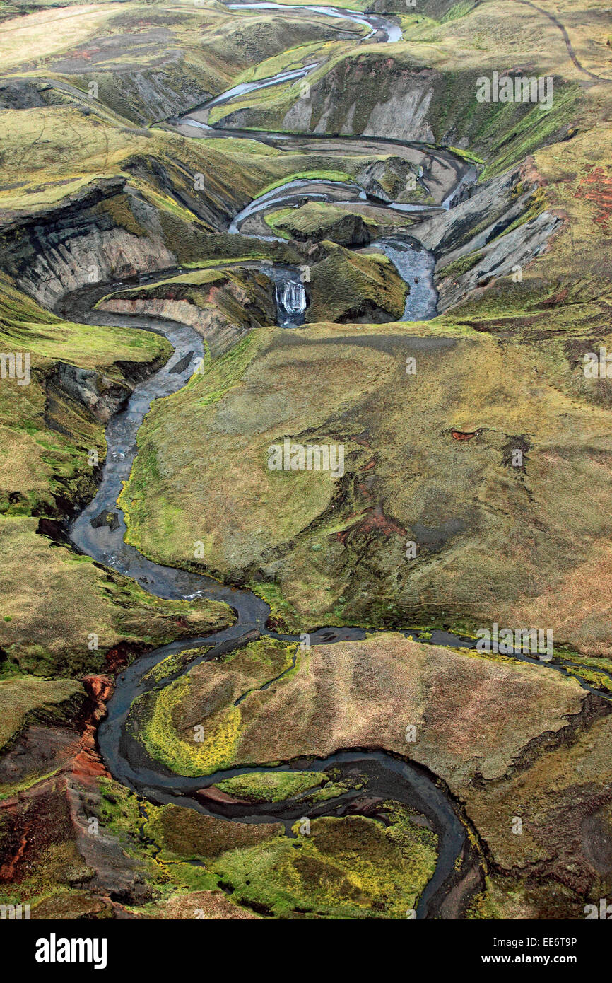 Aerial view of meandering river, Landmannalaugar, Iceland Stock Photo ...
