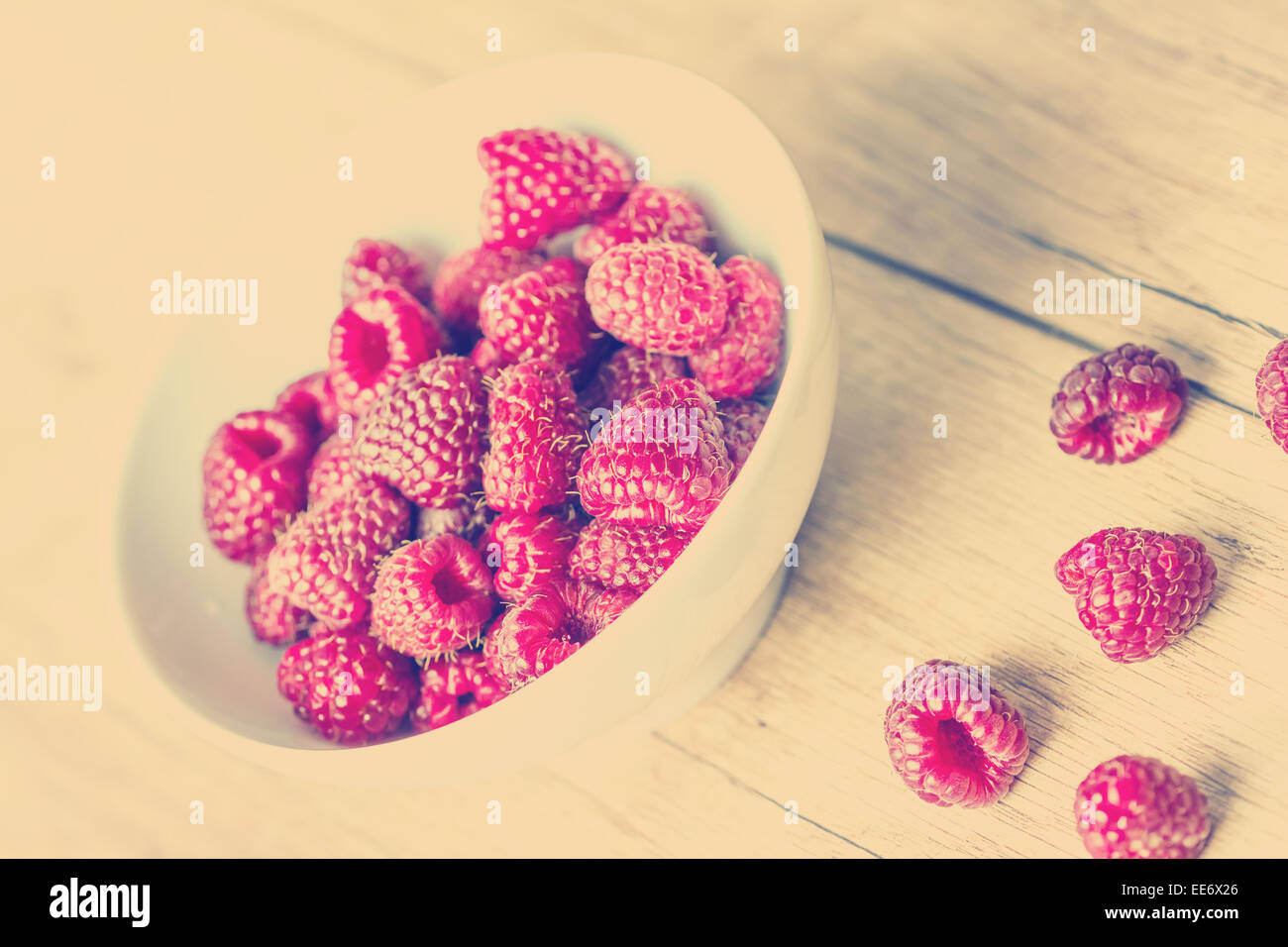 Retro Photo Of Raspberry Bowl Full Of Fresh Red Raspberries Stock Photo ...
