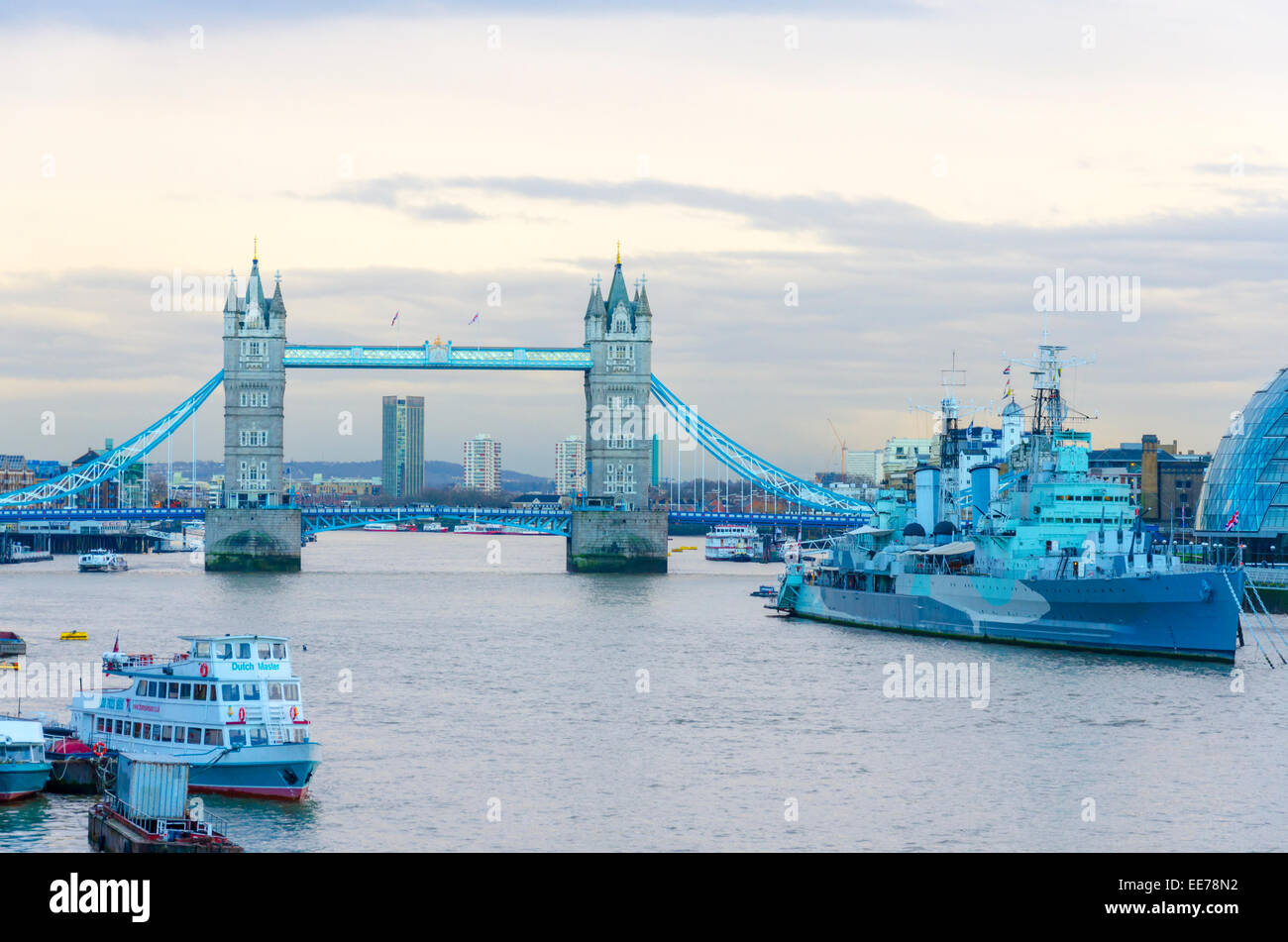 View of Tower Bridge and HMS Belfast from London Bridge. London, UK ...