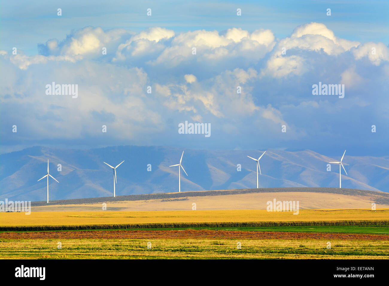 Detail of windmills on wind-farm wind farm with mountains and clouds ...