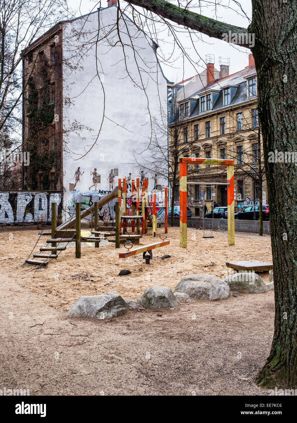 Berlin park, Children's playground, graffiti, street art and apartment ...