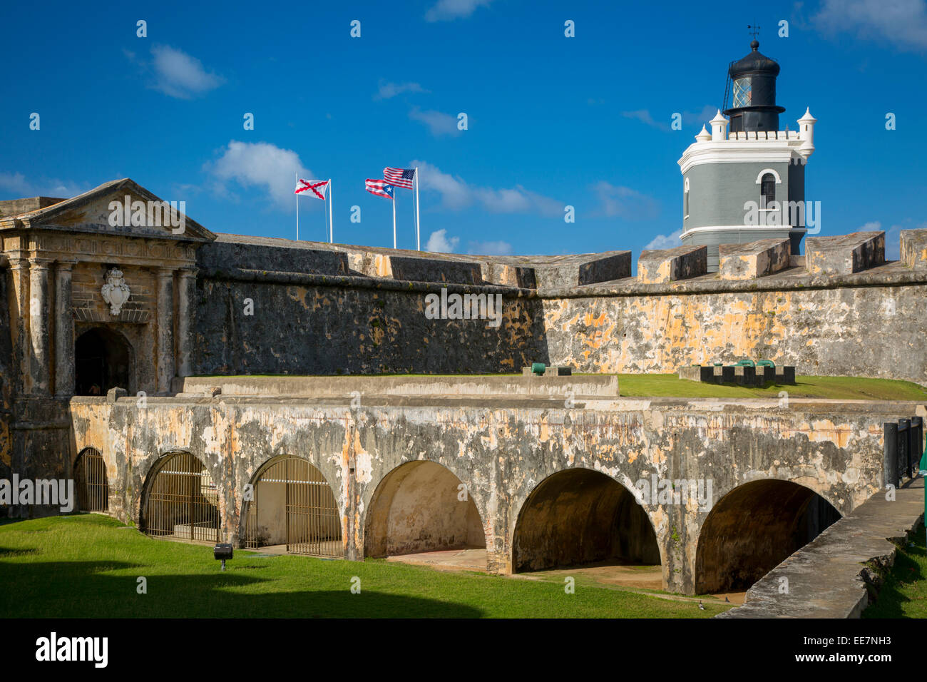 Flags flying over Fortress El Morro, San Juan, Puerto Rico Stock Photo ...