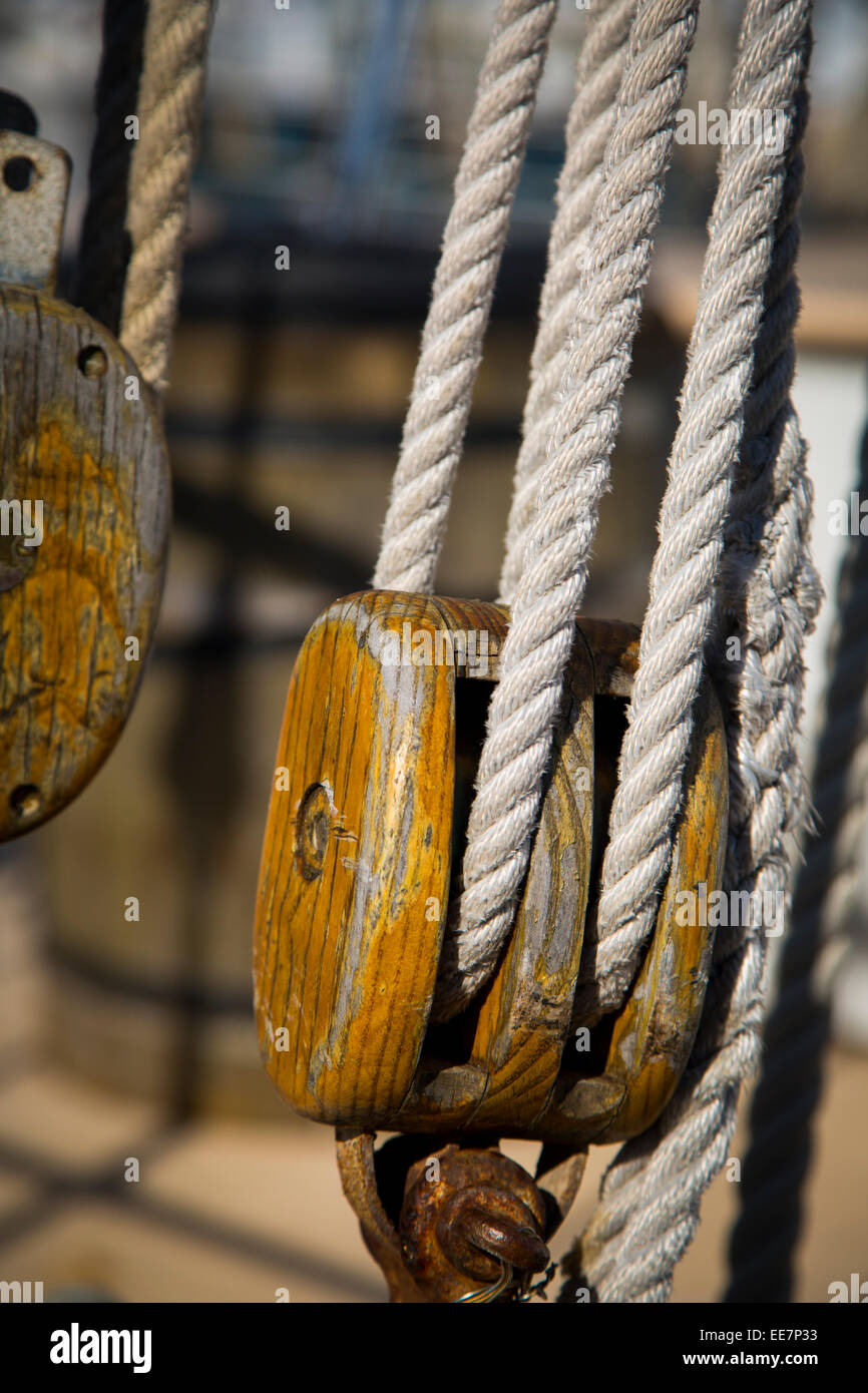 Closeup of wooden rigging block on a Sailboat, Key West, Florida, USA ...