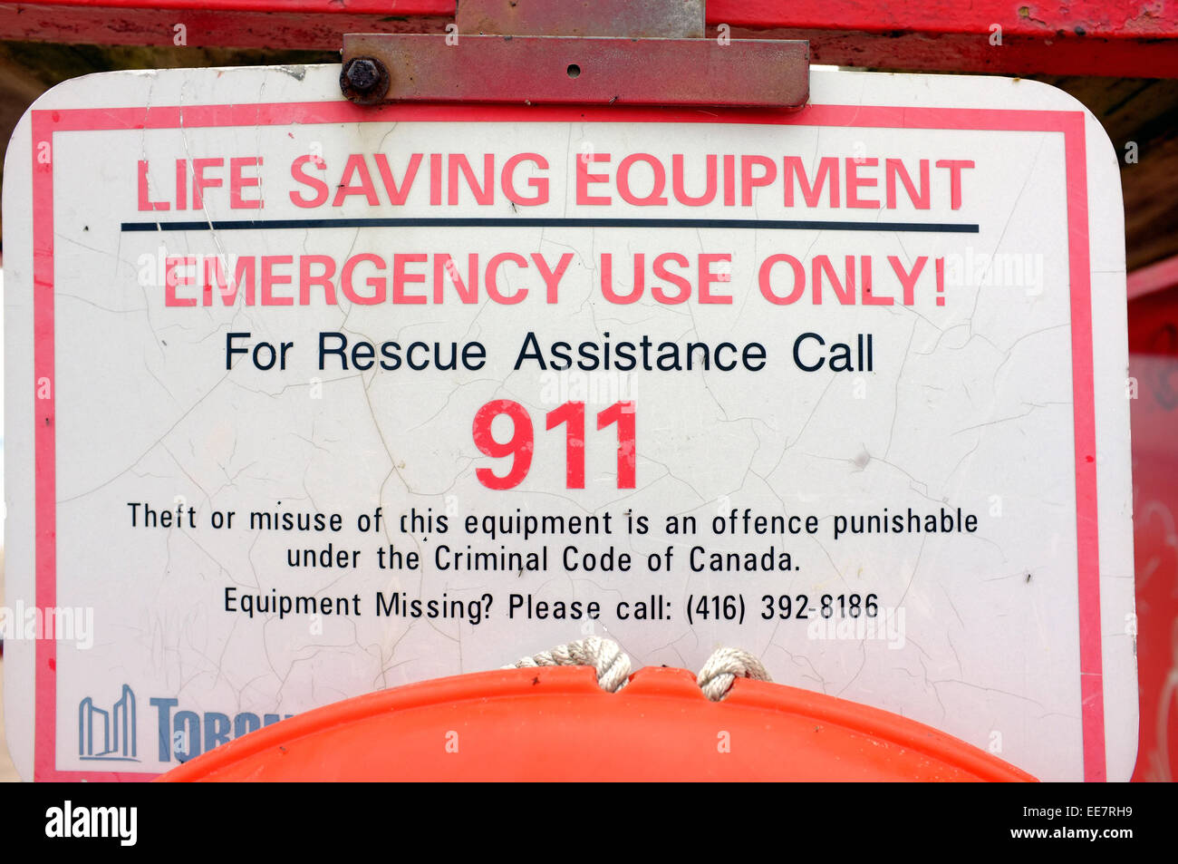 Life saving equipment sign on board a ferry in Toronto Stock Photo - Alamy