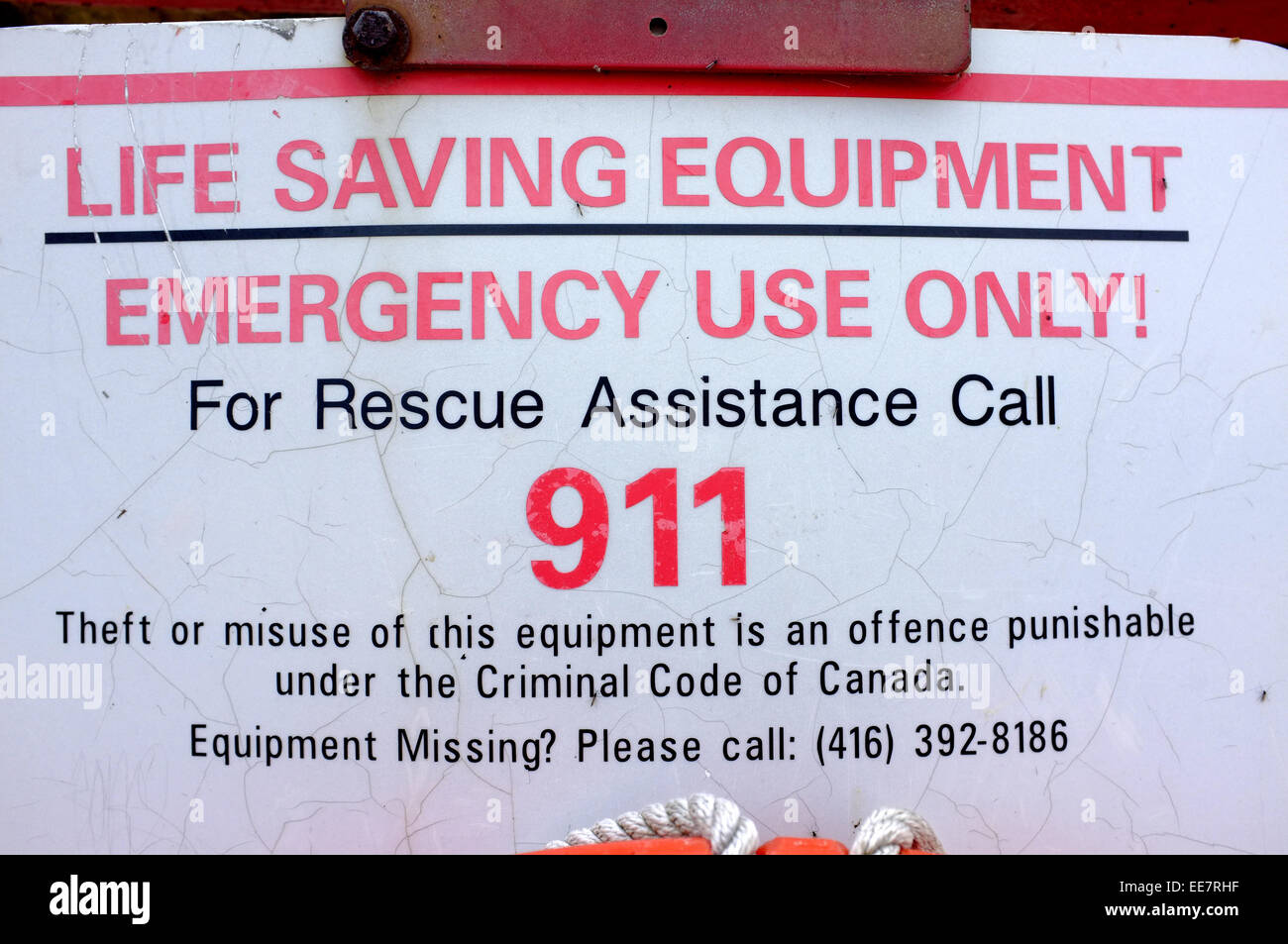 Life saving equipment sign on board a ferry in Toronto Stock Photo - Alamy