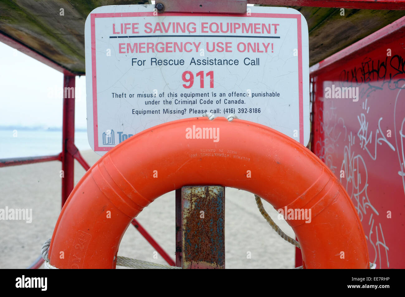Life saving equipment and sign on board a ferry in Toronto Stock Photo ...
