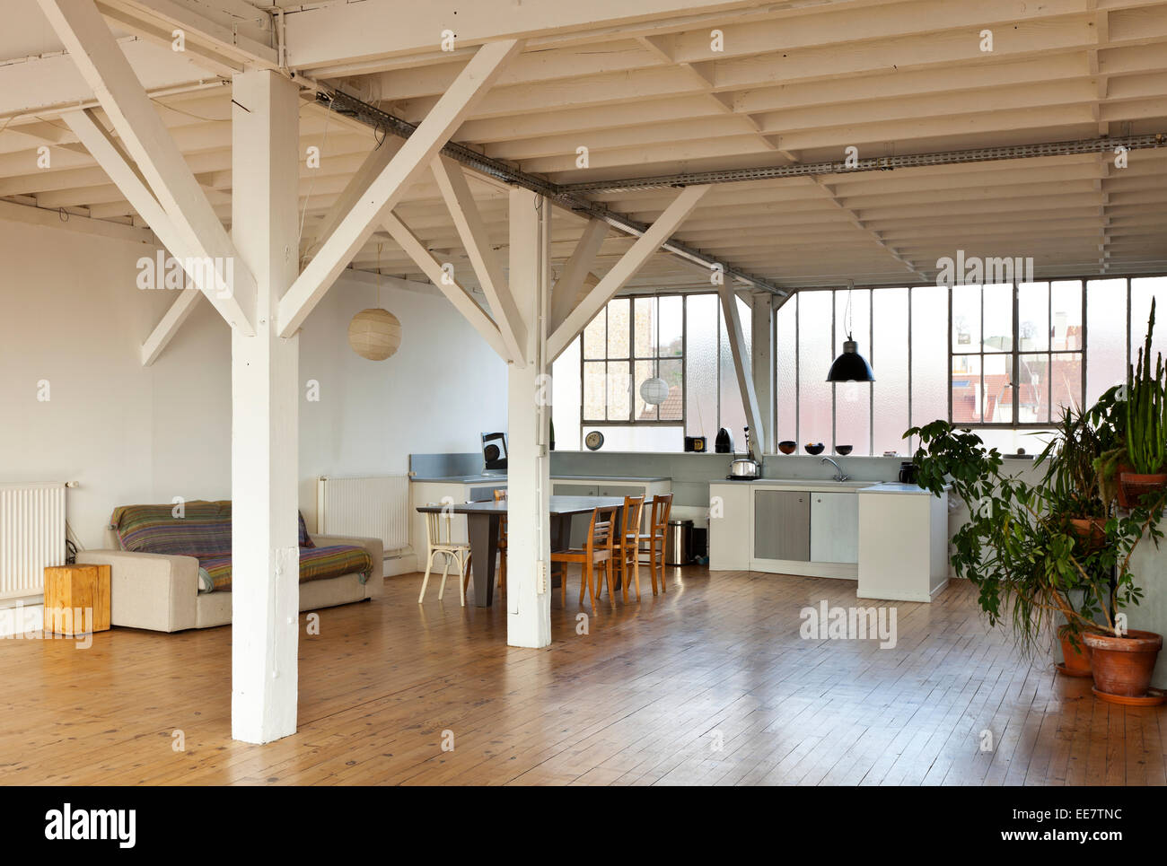 interior wide loft, beams and wooden floor Stock Photo - Alamy