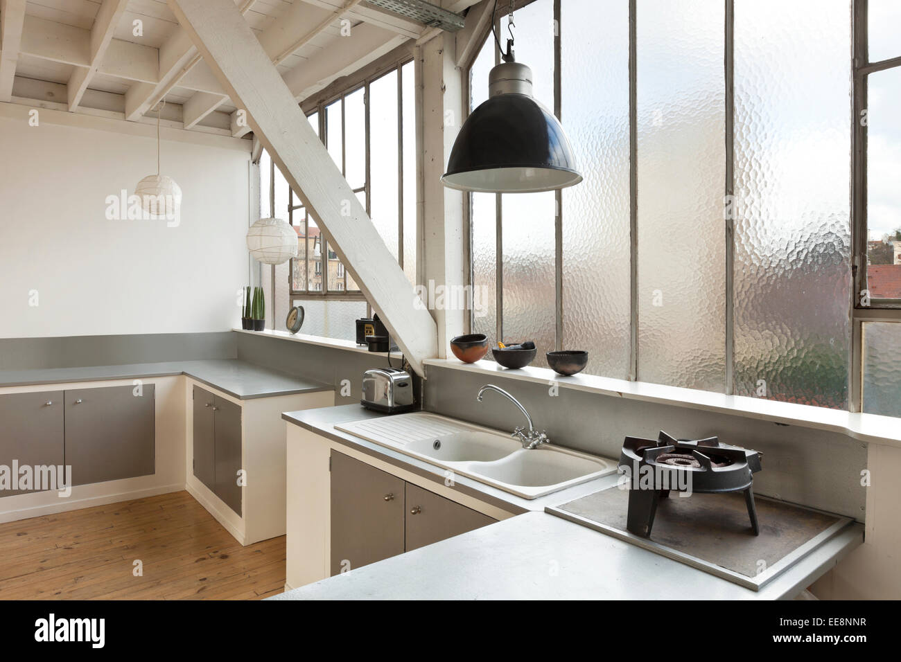 interior, beautiful kitchen of an old loft Stock Photo - Alamy