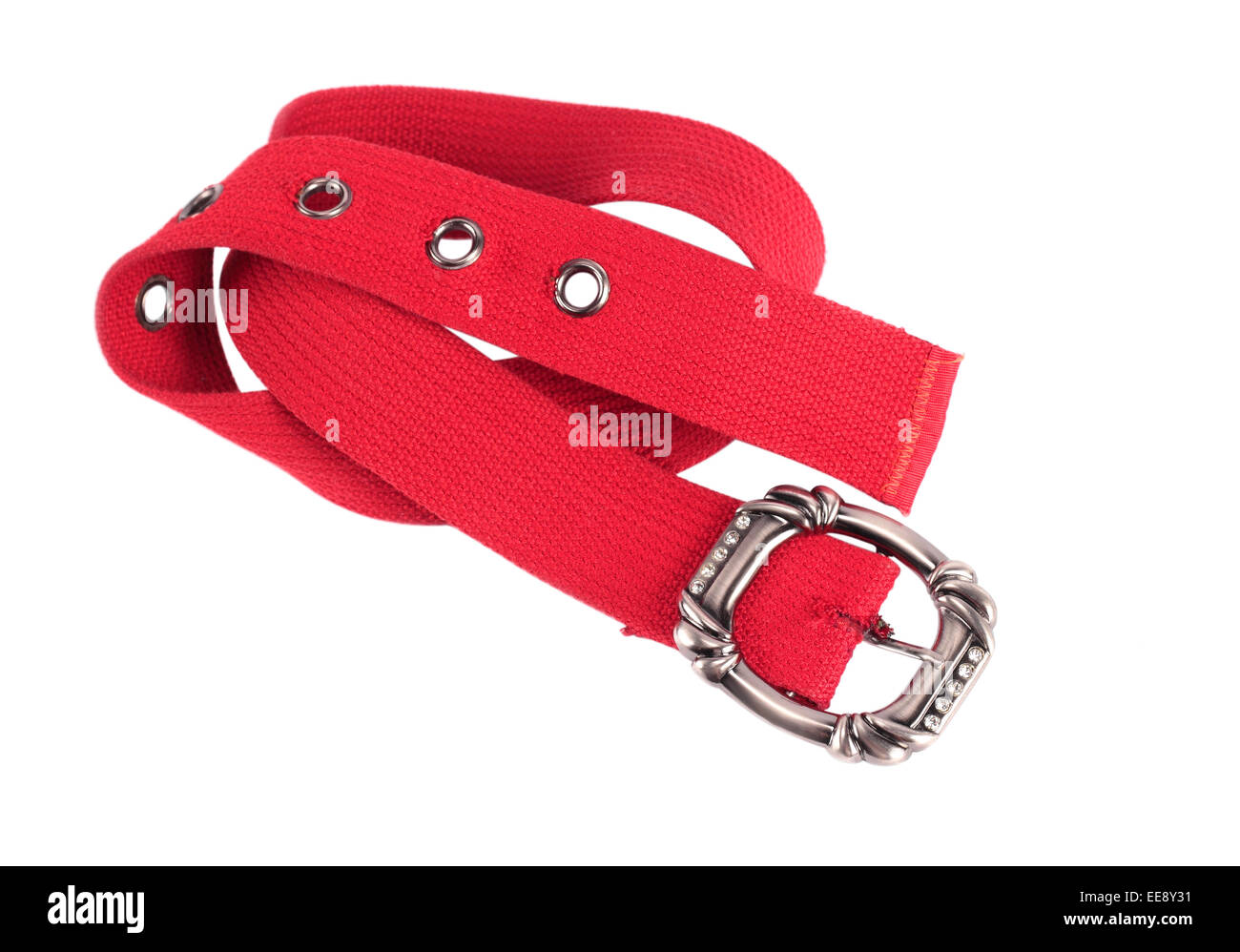Red fabric belt with a buckle on a white background Stock Photo - Alamy