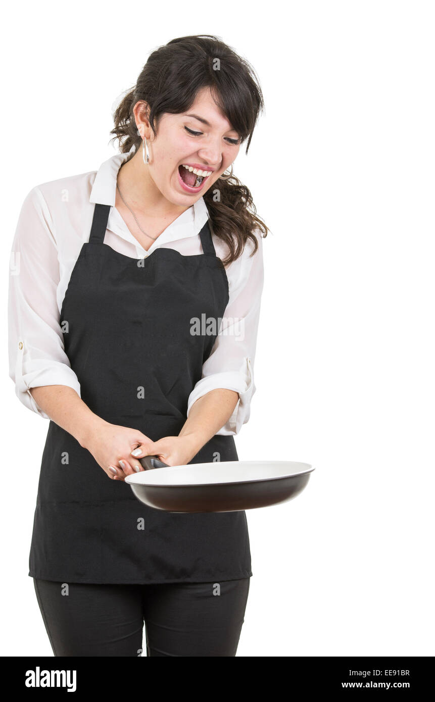 young beautiful female chef wearing black apron Stock Photo - Alamy