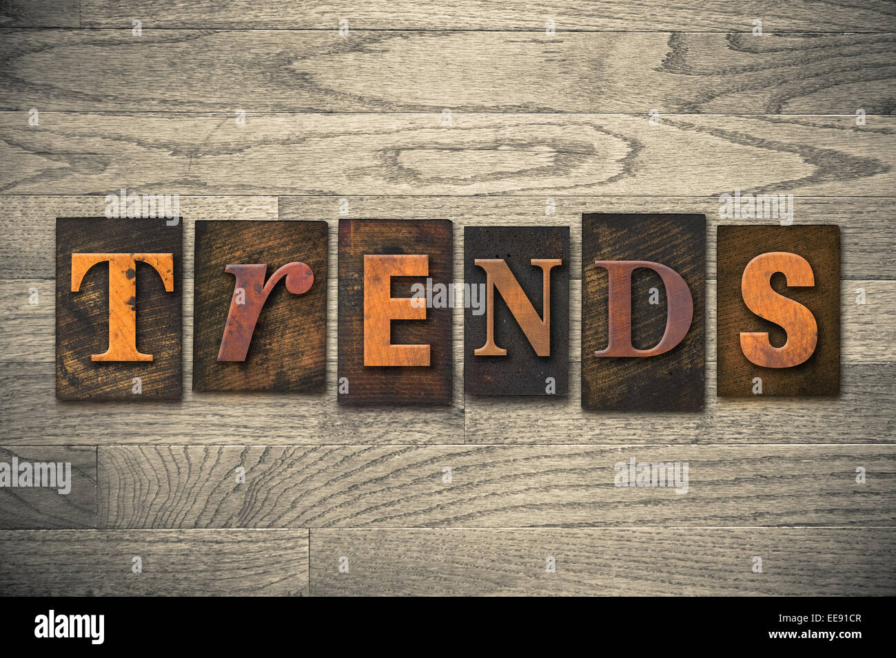 The word "TRENDS" written in vintage wooden letterpress type Stock ...