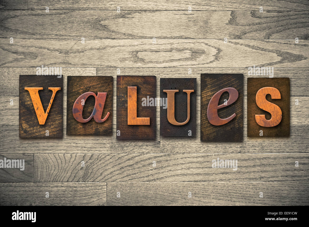 The word "VALUES" written in vintage wooden letterpress type Stock ...