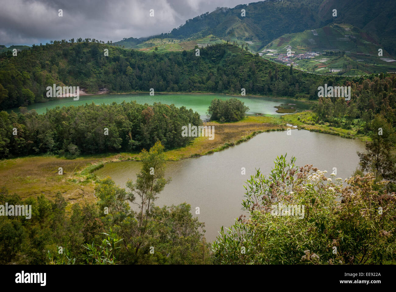 Aerial landscape Telaga Warna lake and Pengilon lake in a background of ...