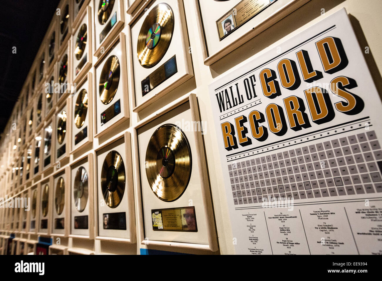 Museum display of wall of gold records at the Country Music Hall of ...