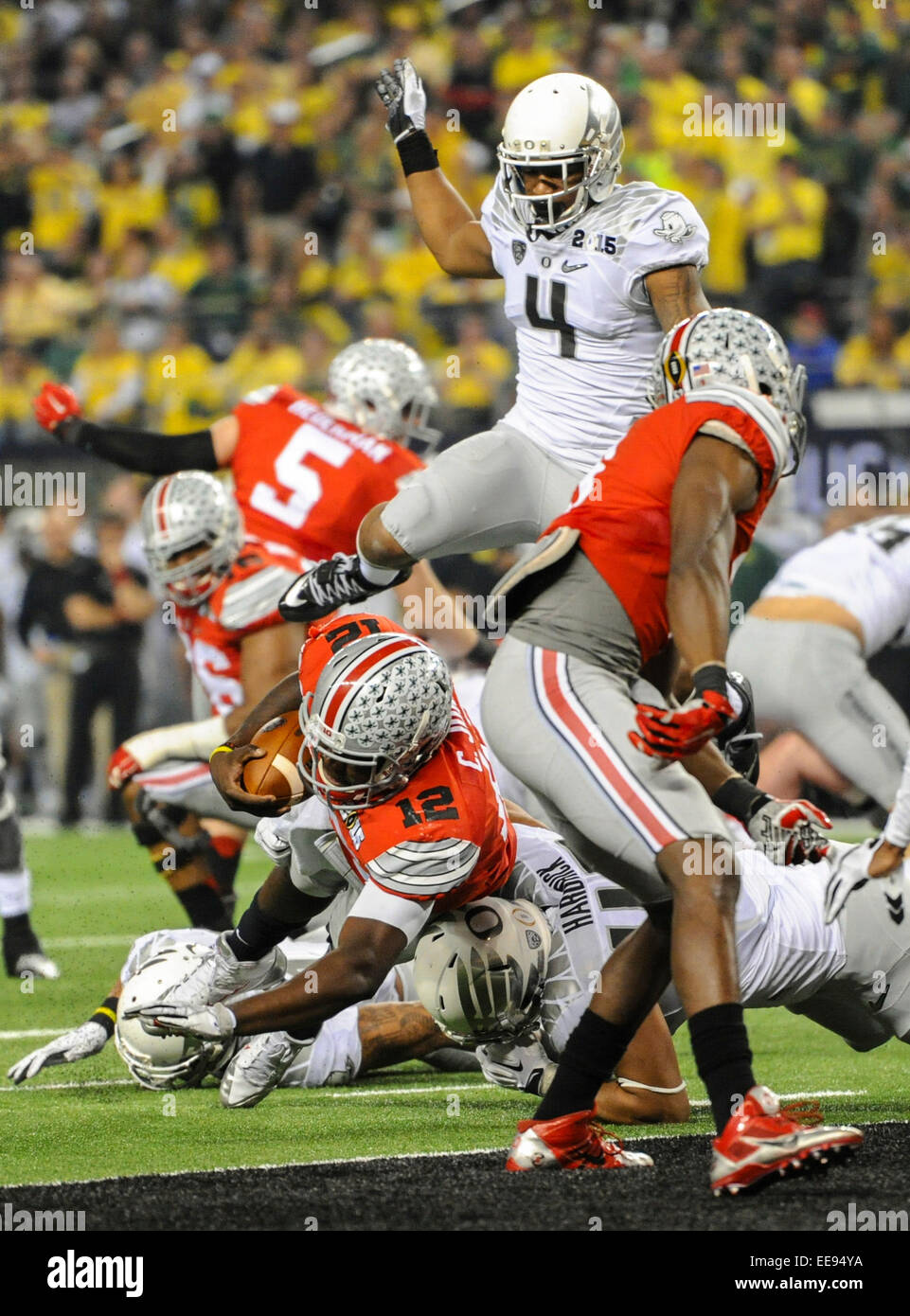 Oregon defensive back Erick Dargan (4) jumps while Ohio State ...