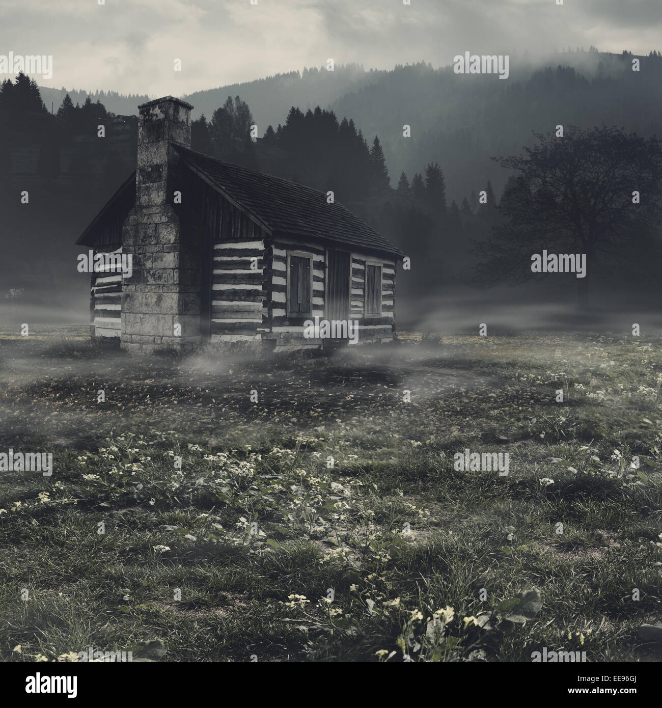 Spooky landscape with alone haunted house against dark mountain Stock ...