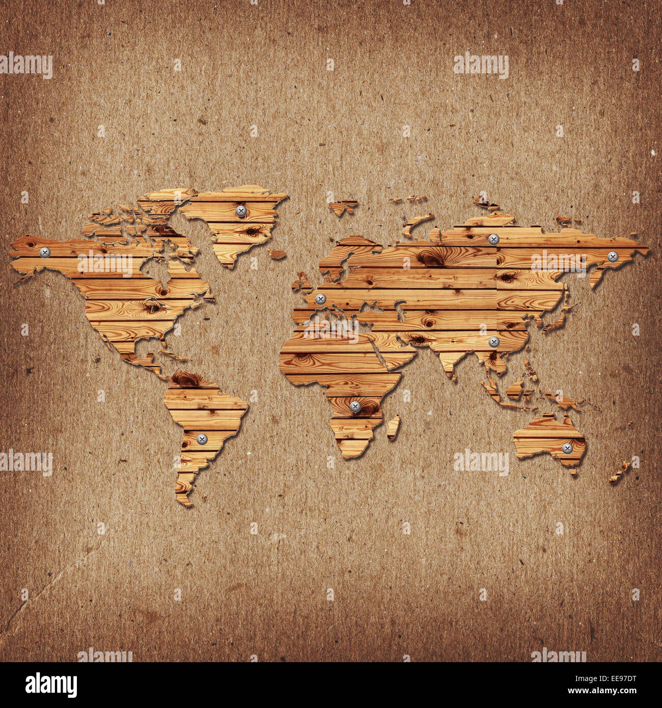 Earth map shape from the wooden desk over old cardboard backgrounds ...