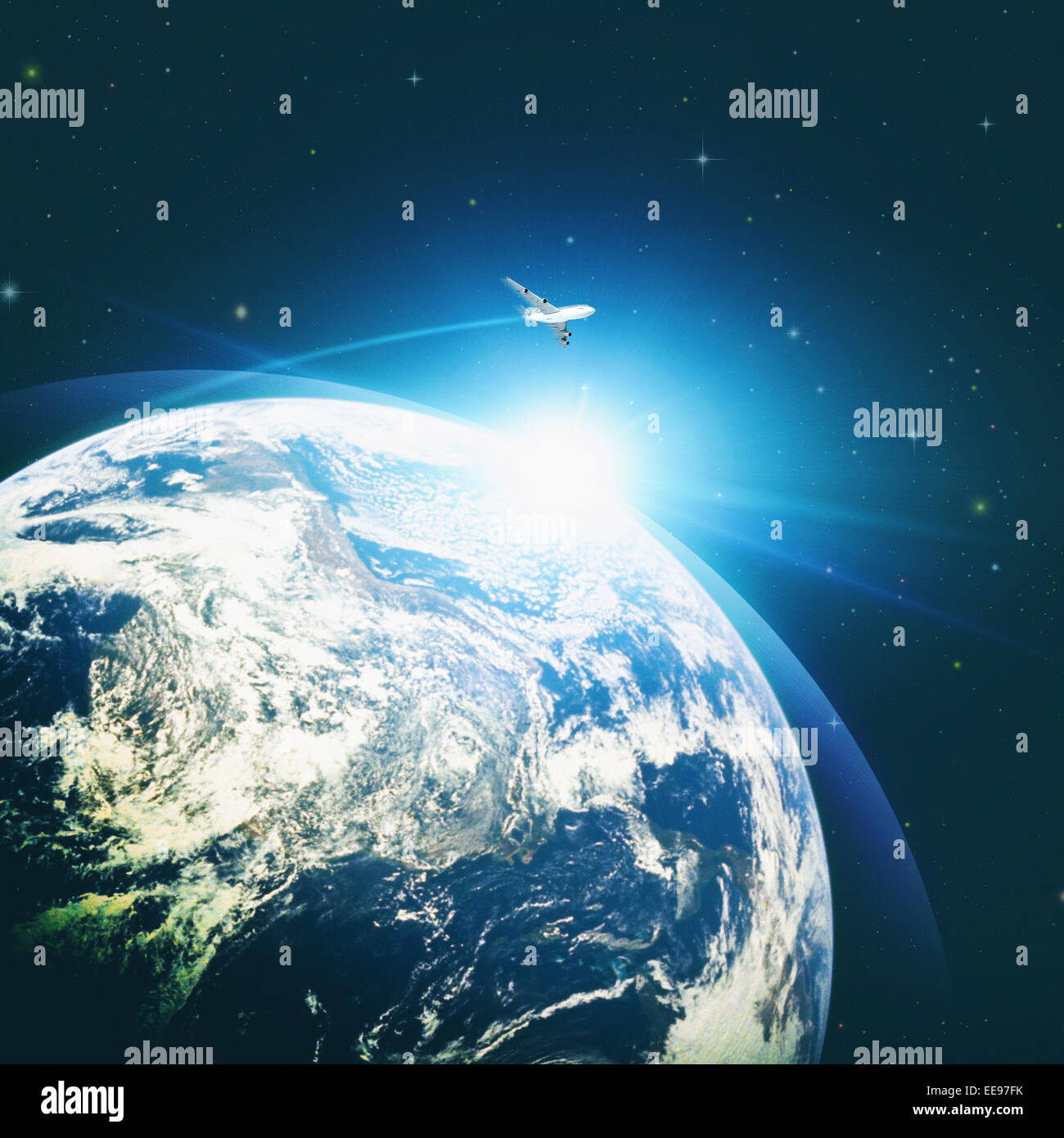 Abstract environmental backgrounds with Earth globe and flying jet ...