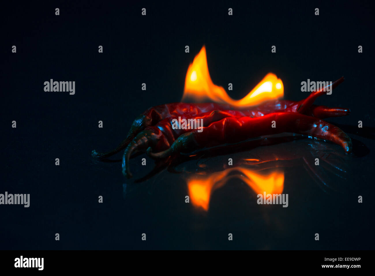 Red hot chili pepper on fire on black background Stock Photo - Alamy