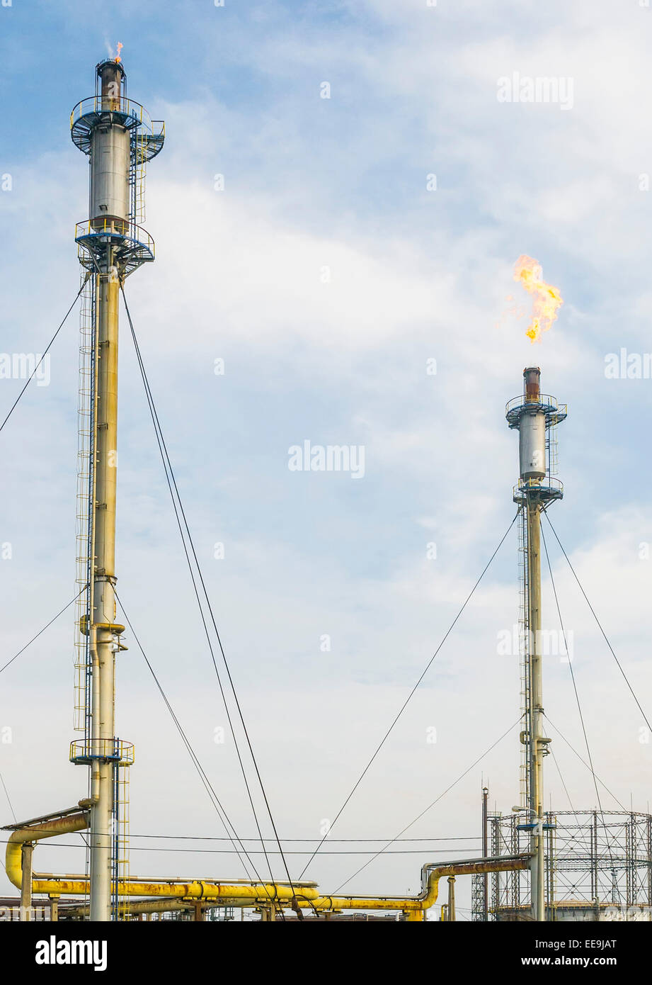 Towers for evacuation of burned gases at an oil and gas refinery Stock ...