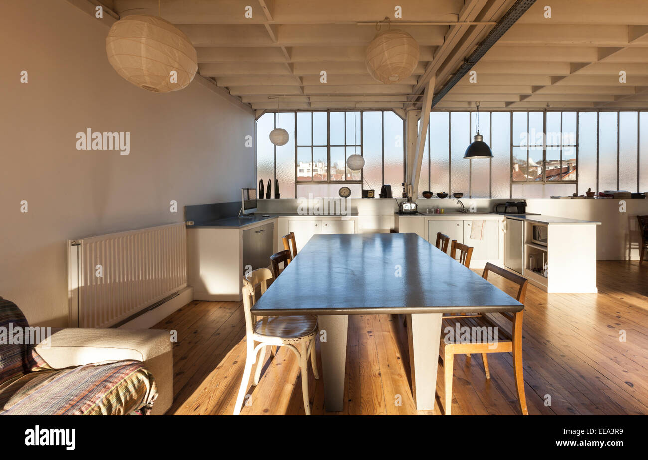 wide loft, beams and wooden floor Stock Photo - Alamy