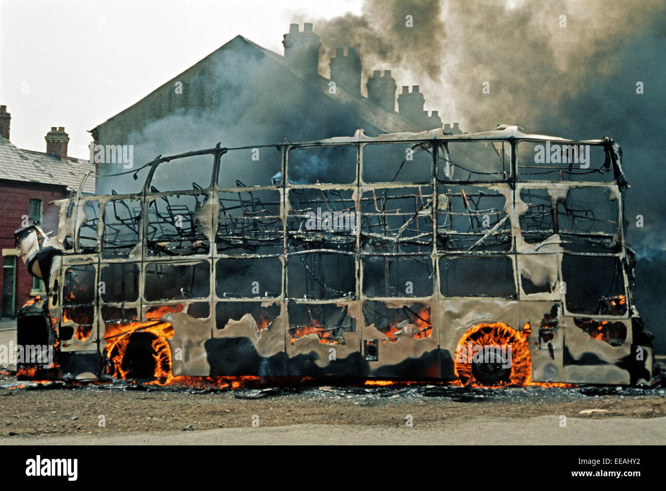 BELFAST, NORTHERN IRELAND - JUNE 1972. Fire Bombed Hijacked Bus by the ...