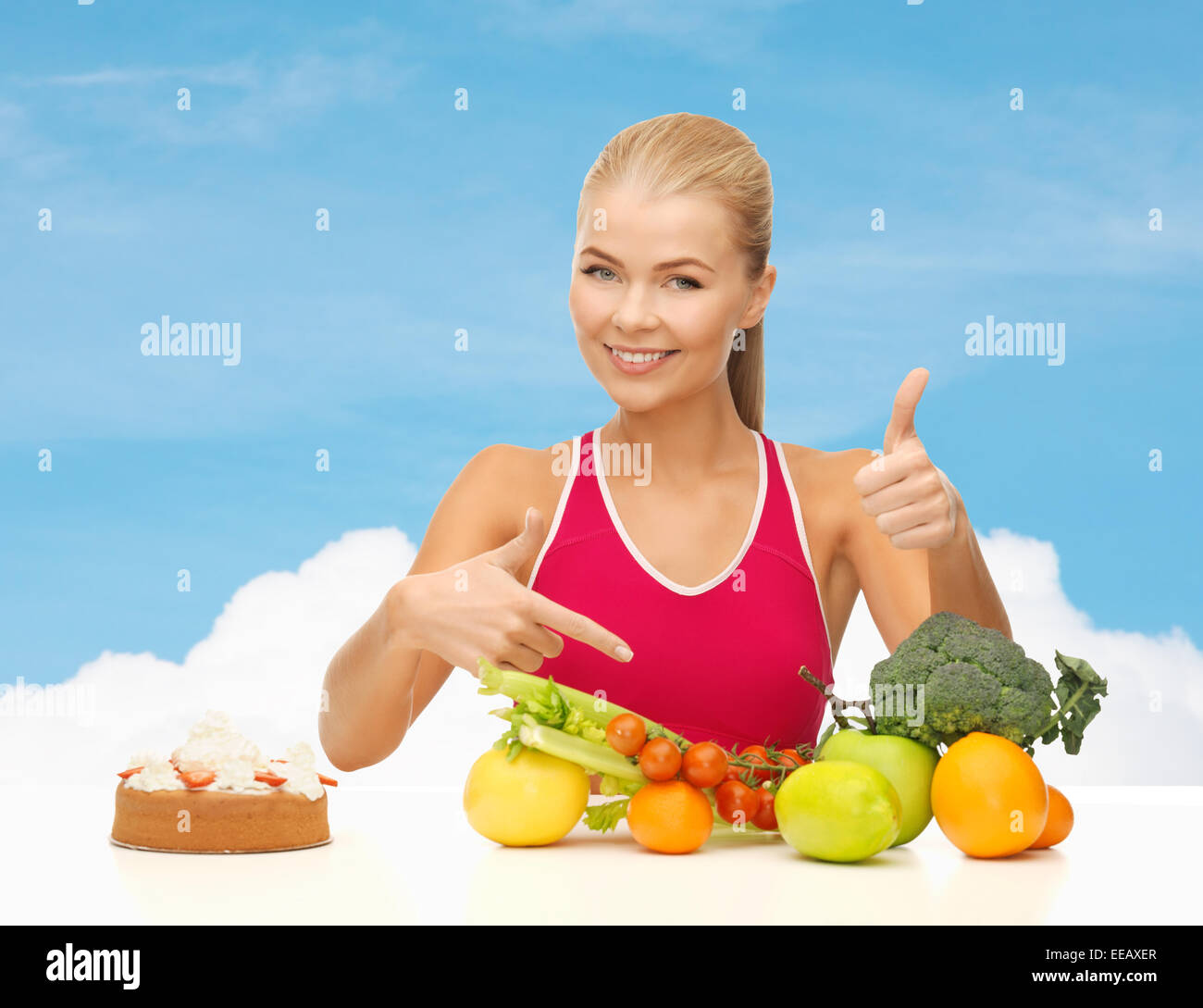 woman pointing at healthy food Stock Photo - Alamy