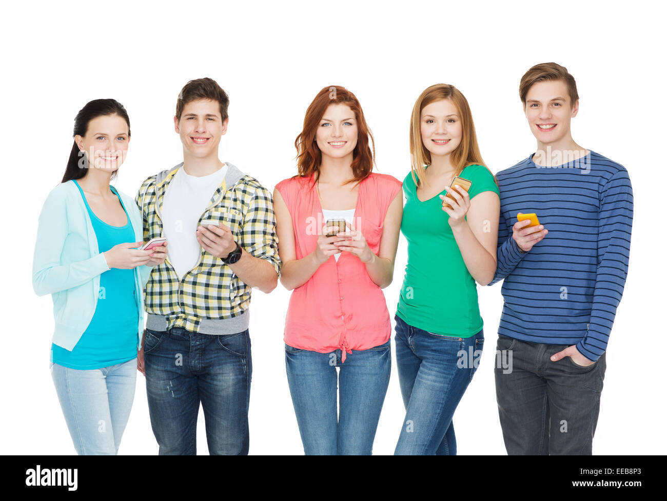 smiling students with smartphones Stock Photo - Alamy