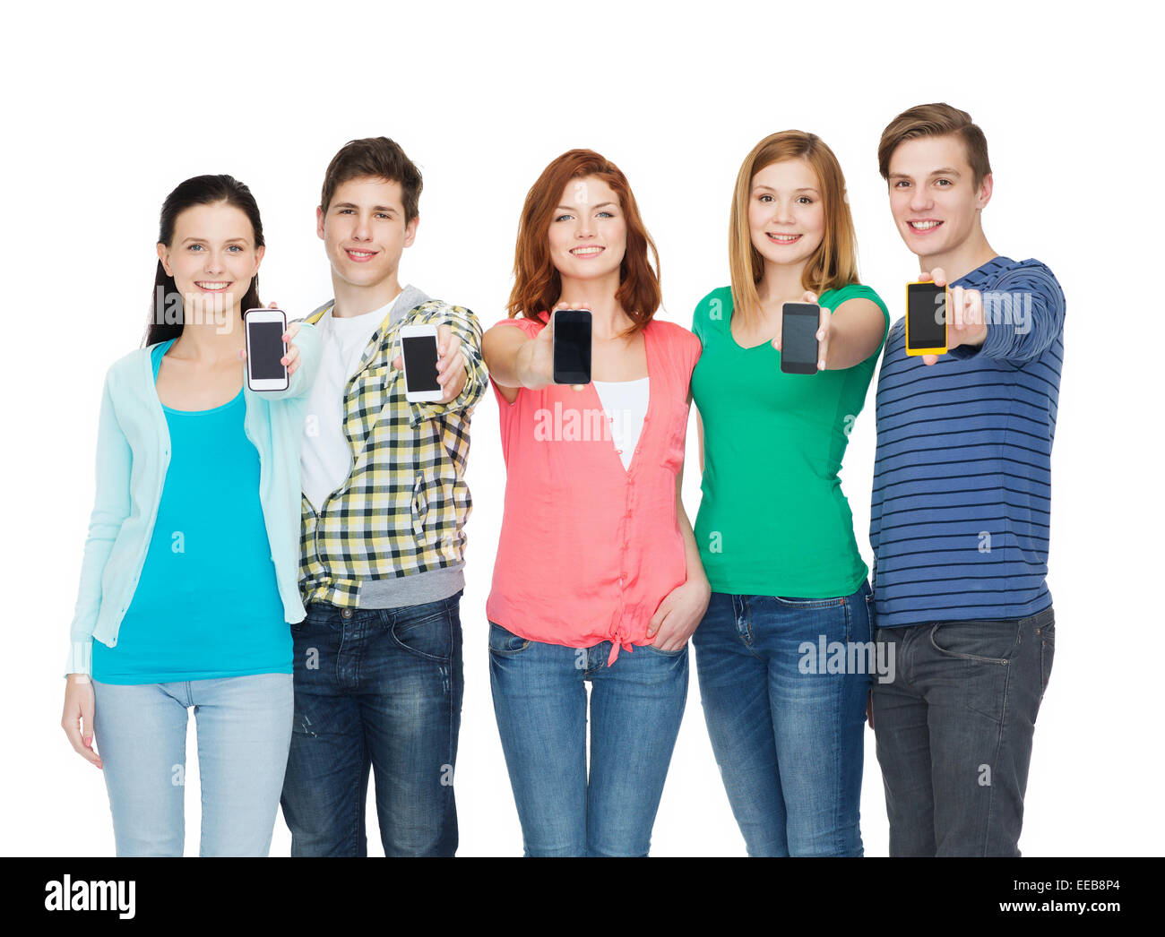 students showing blank smartphones screens Stock Photo - Alamy