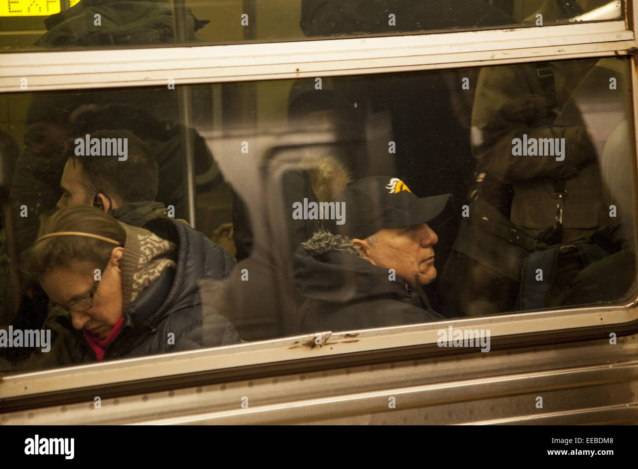 Looking into a subway car window on the platform at 42nd St. NYC Stock ...