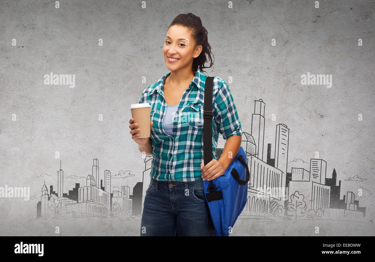 smiling student with bag and take away coffee cup Stock Photo - Alamy