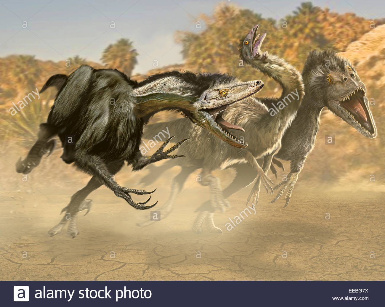 A pair of sickle-clawed Achillobator in pursit of its prey Stock Photo ...