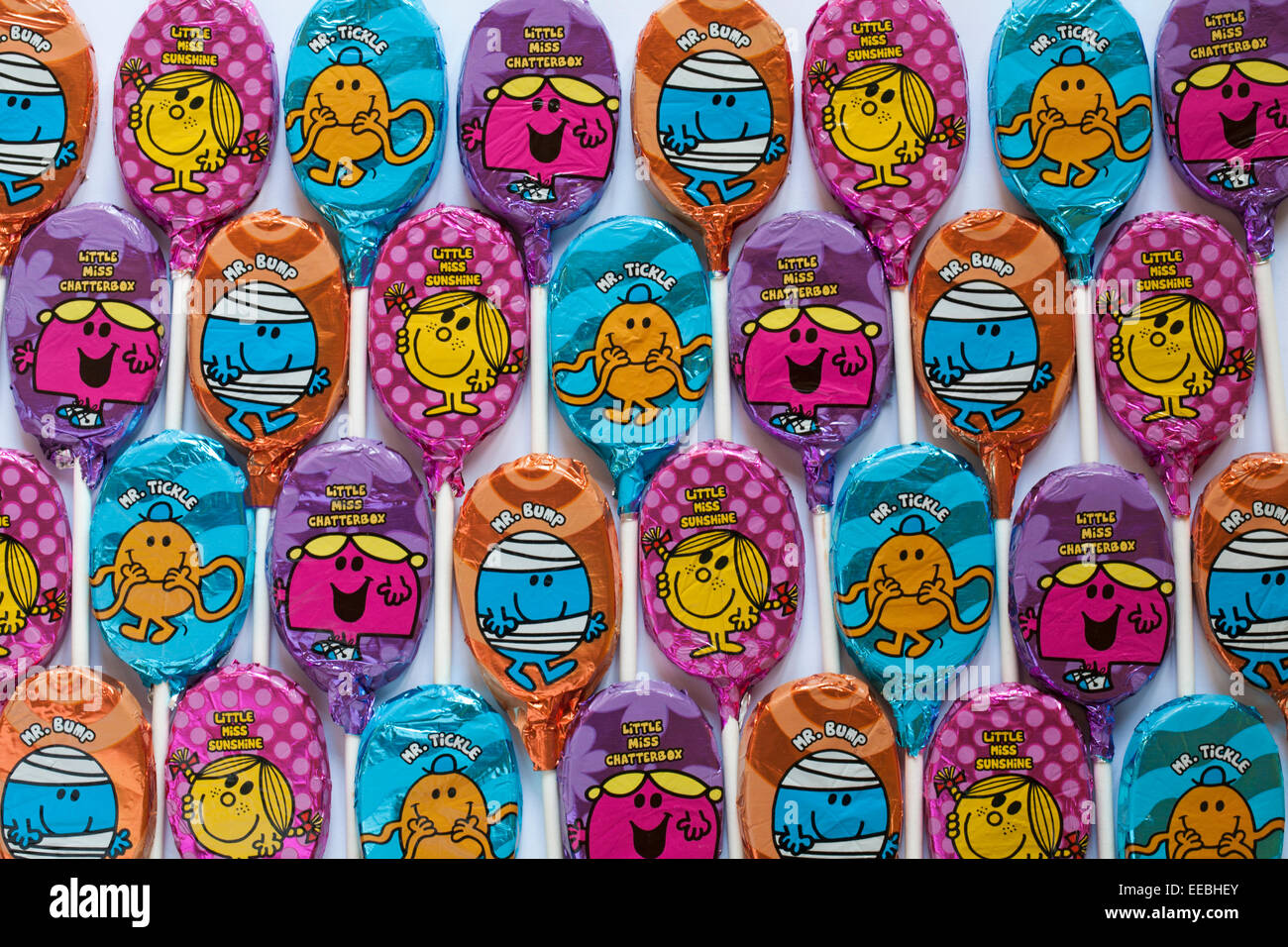 Foil wrapped milk chocolate lollies lollipops with Mr Tickle, Mr Bump ...