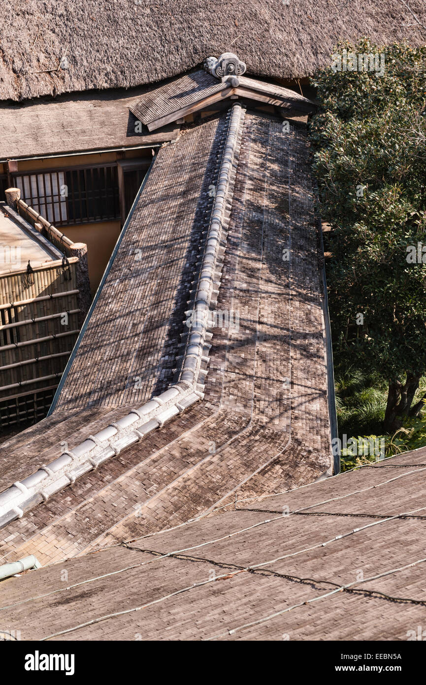 Mito, Japan. Thatch and cedar shingles on the roof of the Kobuntei, a ...