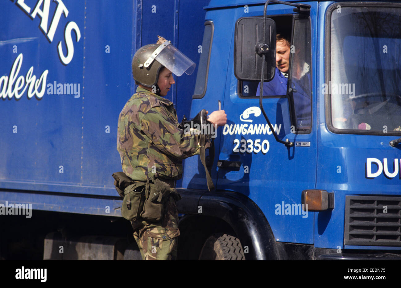 BELFAST, NORTHERN IRELAND - MARCH 1983. British Army vehicle check ...