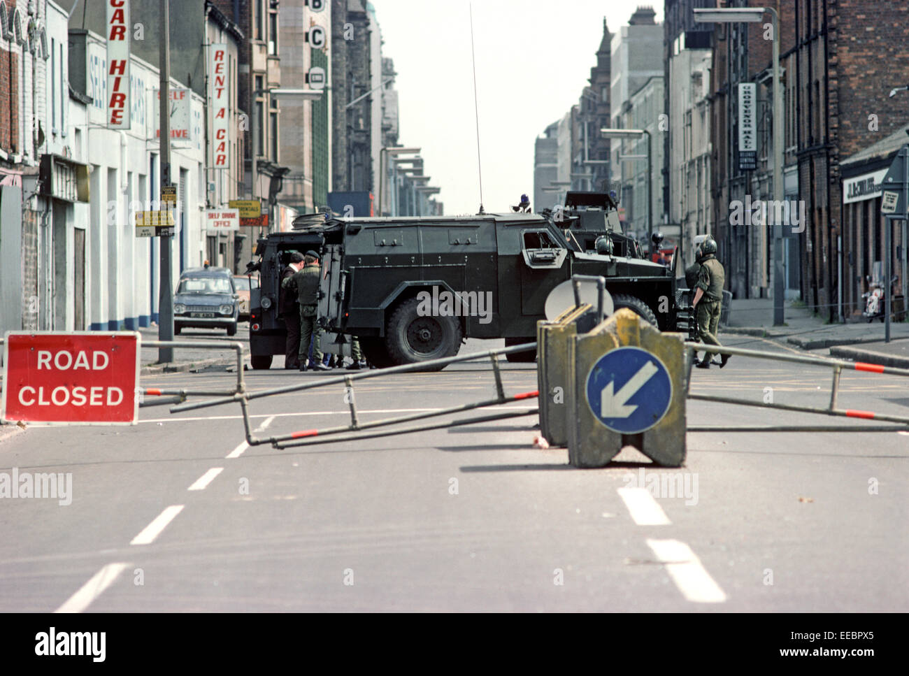 BELFAST, NORTHERN IRELAND - MAY 1972. British Army road block in ...