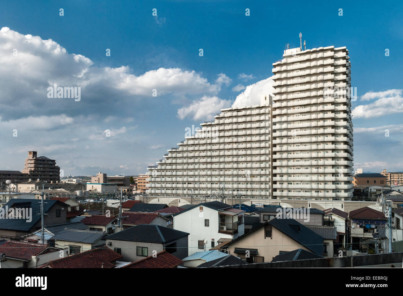 Tokyo, Japan. A high rise apartment block on the outskirts of the city ...