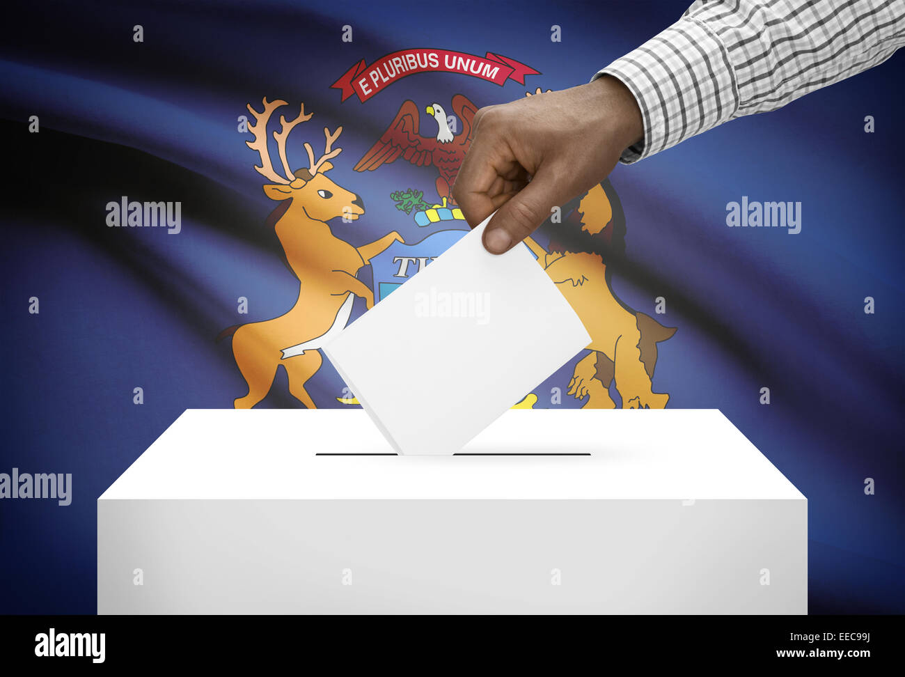 Voting concept - Ballot box with US state flag on background - Michigan ...