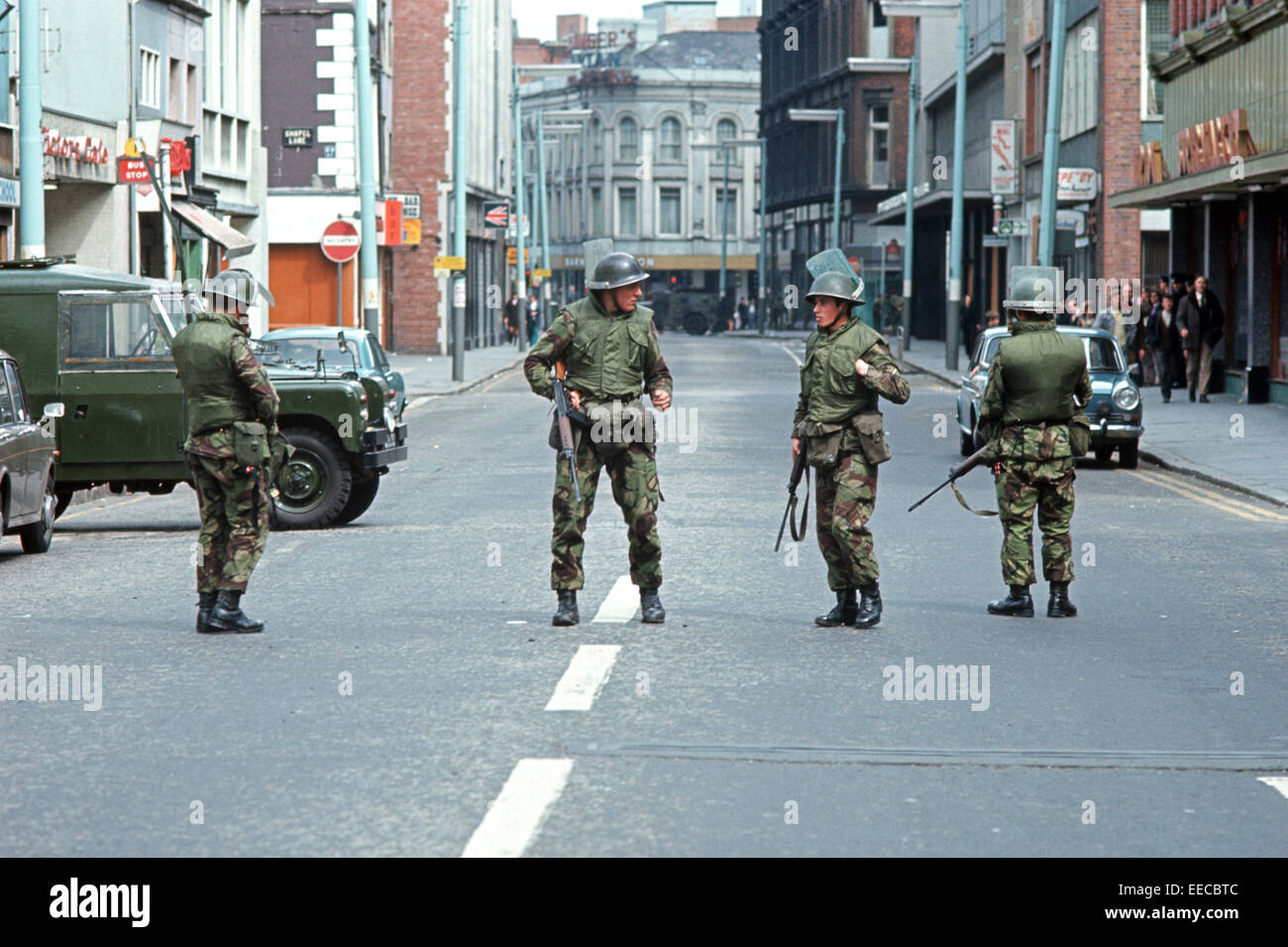 BELFAST, NORTHERN IRELAND - MAY 1972. British army soldiers in Belfast ...