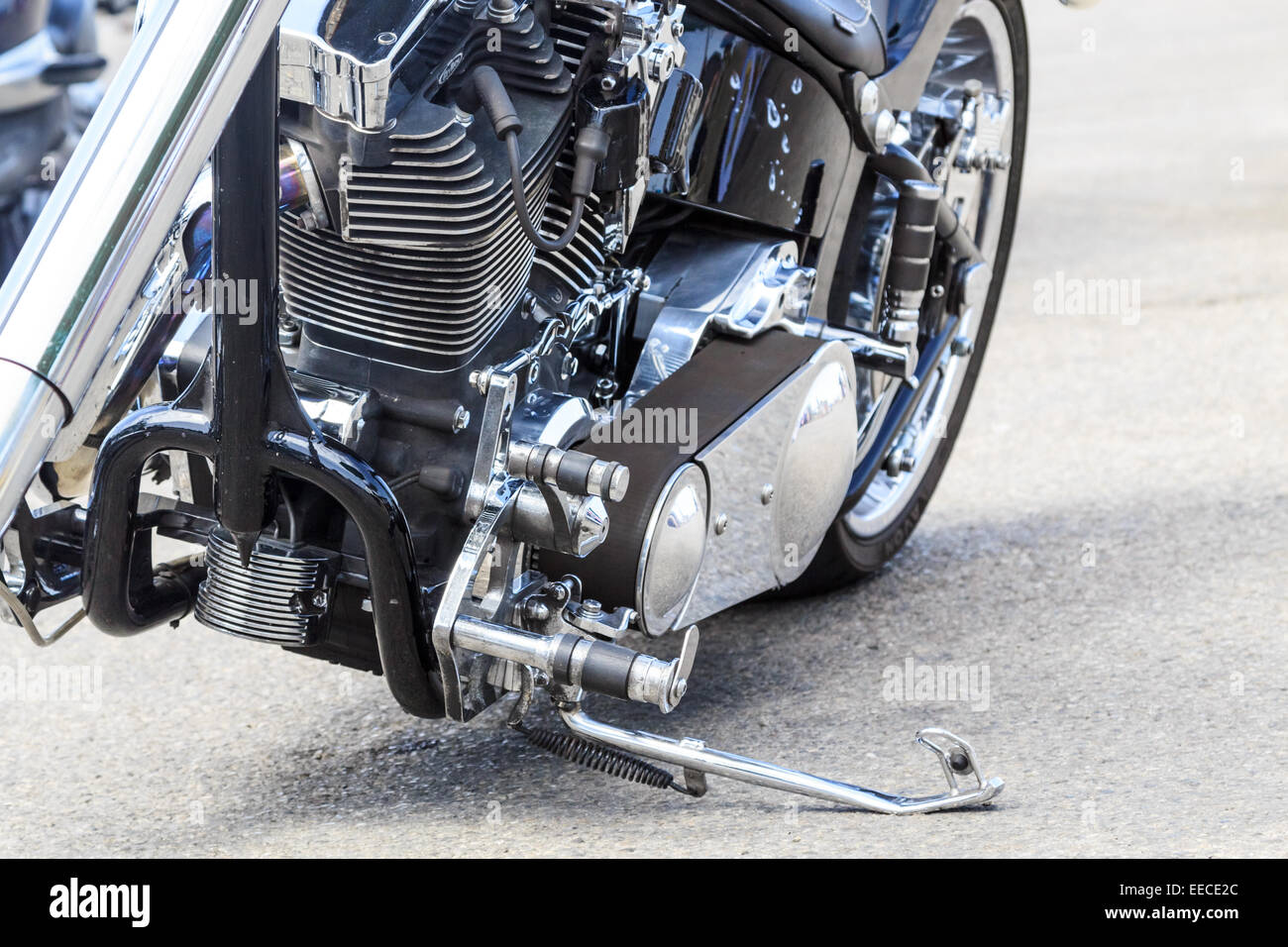 Front view of a motorbike detail showing the engine block and being put ...