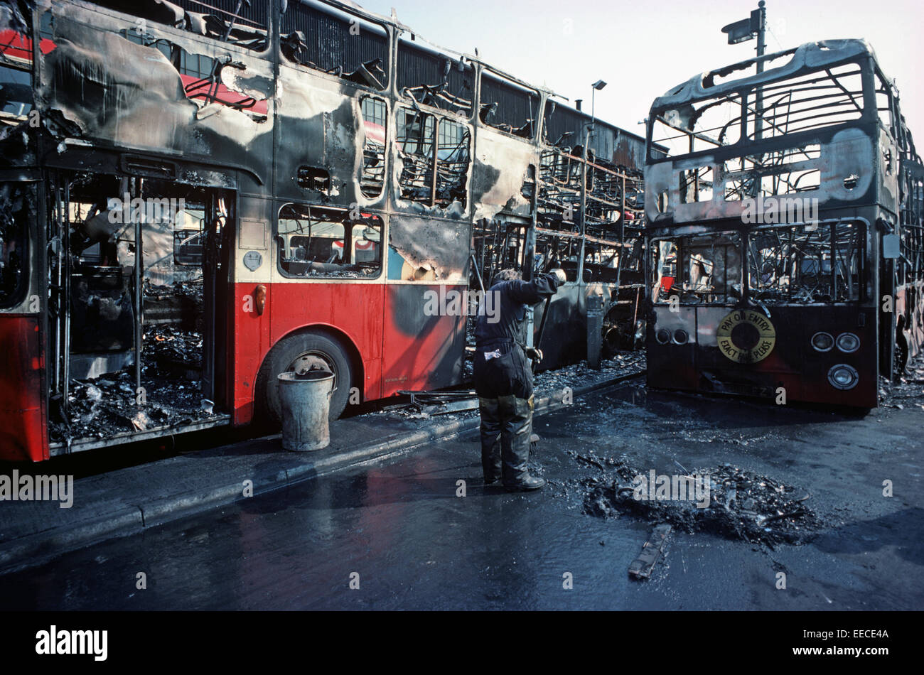 BELFAST, NORTHERN IRELAND - AUGUST 1976. petrol bombed Belfast City bus ...