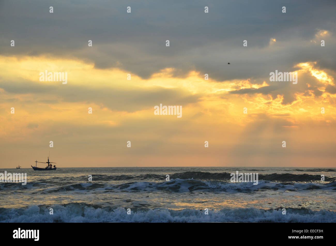 Fishing boat floating on the sea in morning and sunrise time at Hat ...