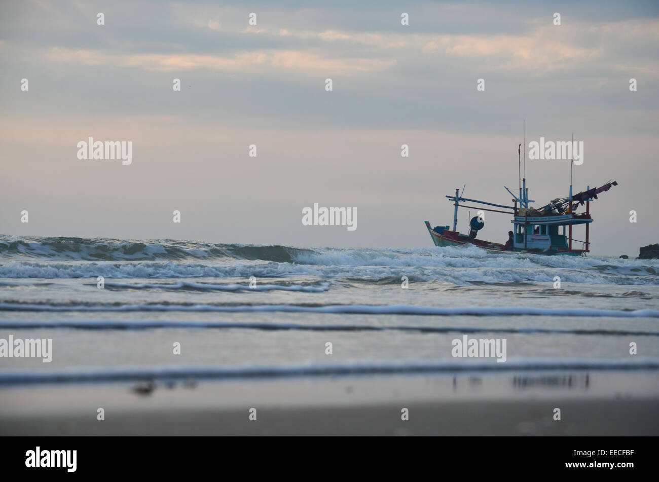 Fishing boat floating on the sea in morning and sunrise time at Hat ...