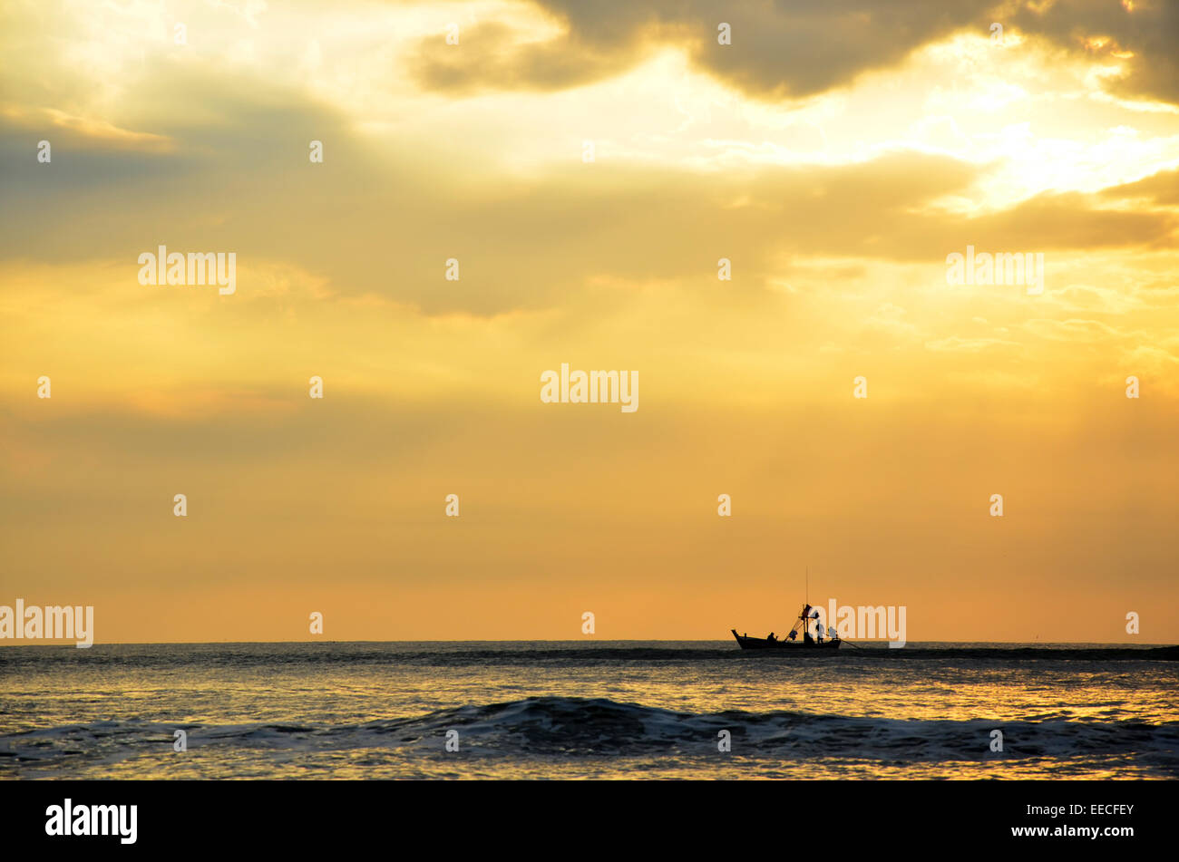 Fishing boat floating on the sea in morning and sunrise time at Hat ...