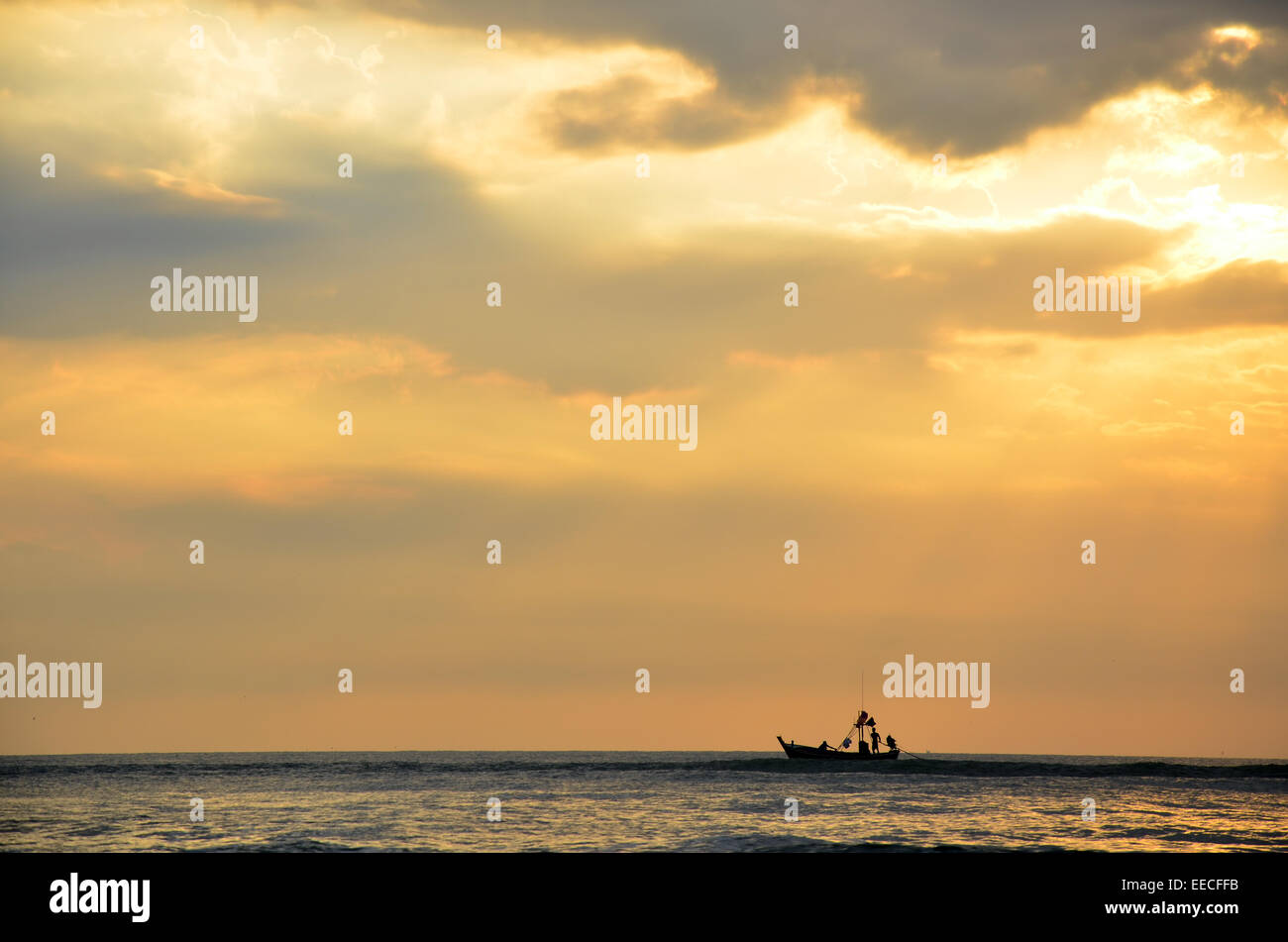 Fishing boat floating on the sea in morning and sunrise time at Hat ...
