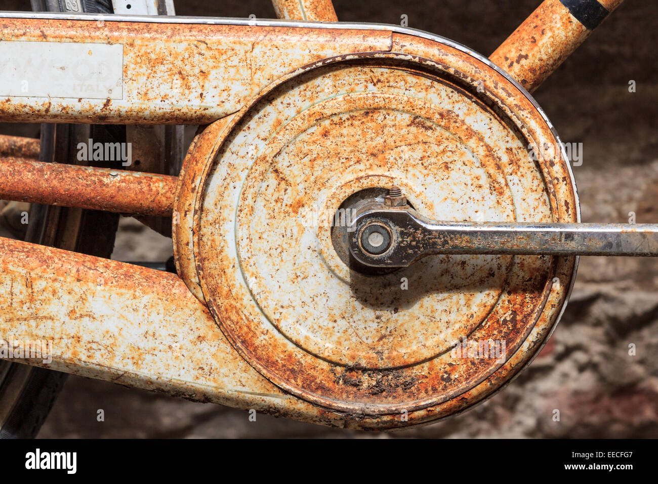 Rusty old bottom bracket of a bike covered with metal protection Stock ...