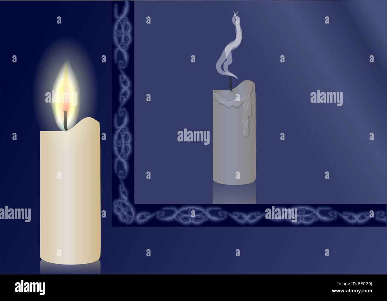 candle and mirror. burning candle and extinct candles reflection in a ...