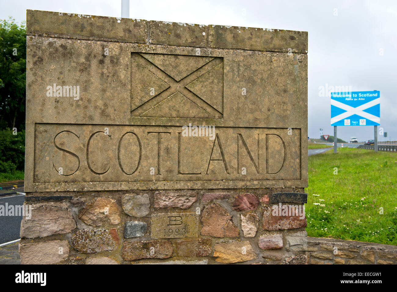 Scottish Border sign at the Anglo-Scottish border near Lamberton ...