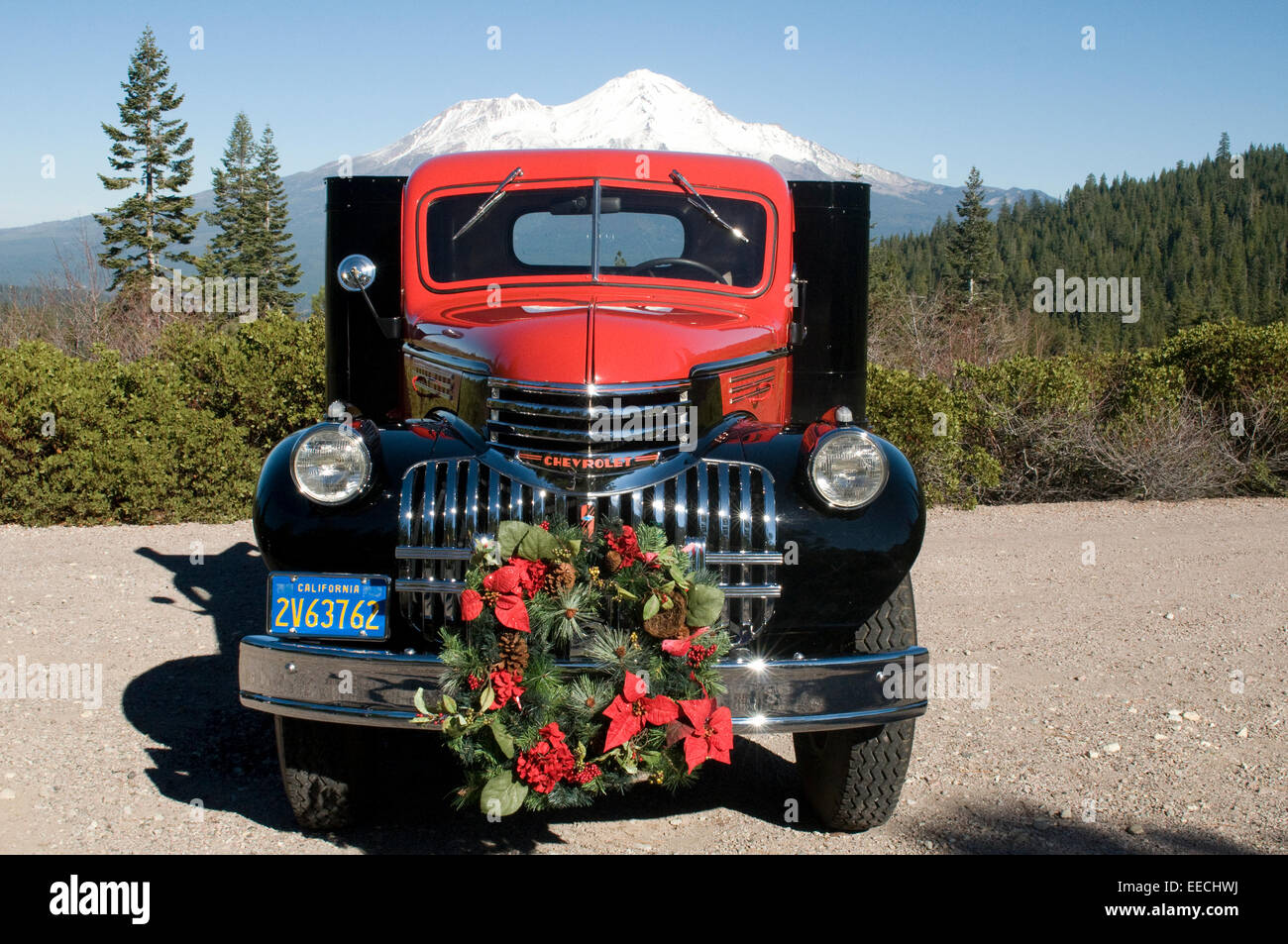 Immaculate red silver chrome Chevrolet pick up truck with Christmas ...